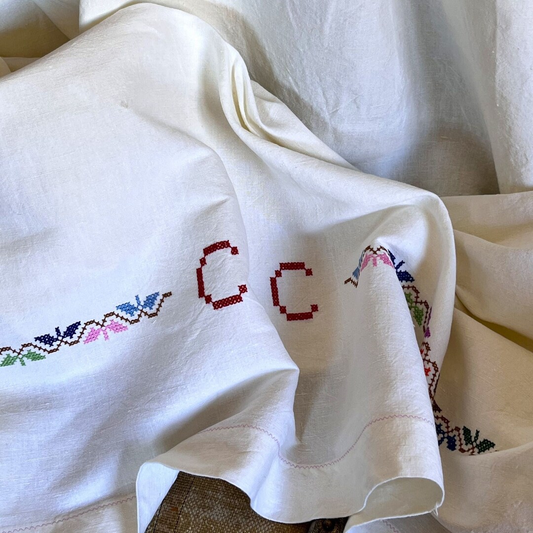 Antique Linen White Twin Sheet, Monogrammed Sheet, Embroidered Flat ...