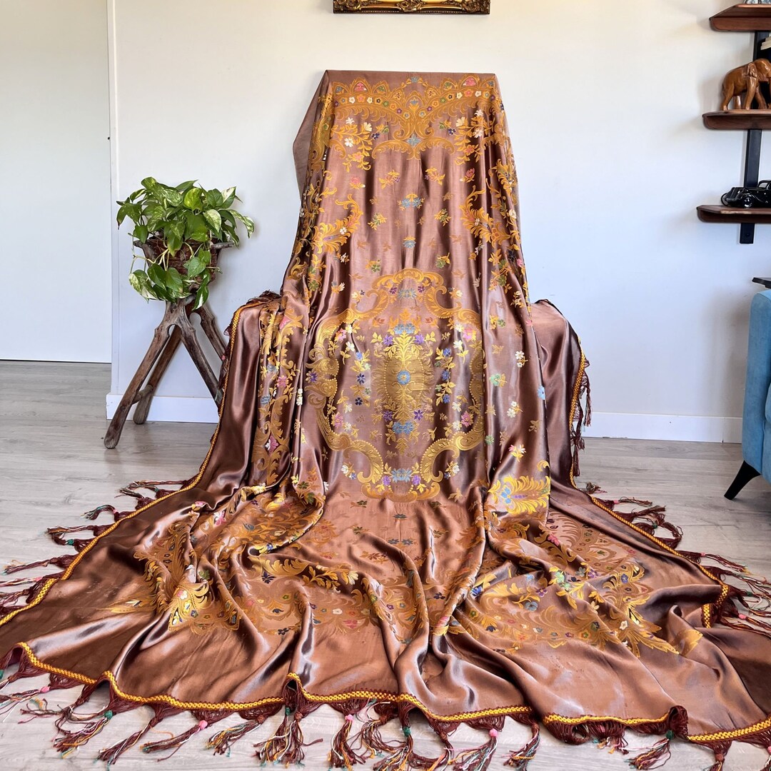 Brown Vintage Silk Twin Bedspread, Antique Brocade Fabric Bedspread ...