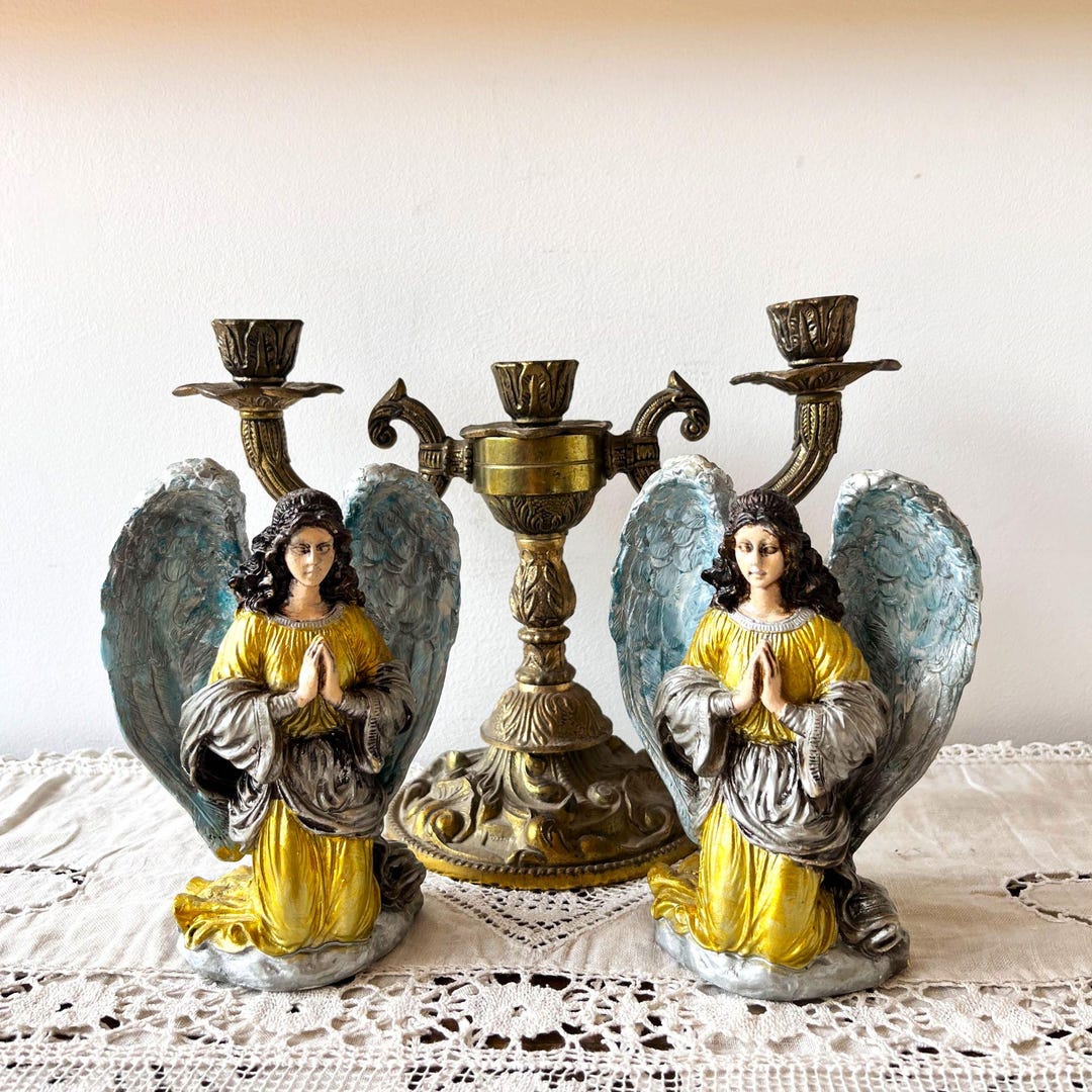 Set of 2 Adoring Angels Plaster Sculptures, Antique Praying Angels ...