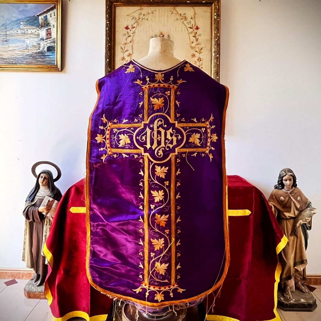 Rare. Antique Purple Silk Chasuble With Fiddle Back Hand Embroidered ...