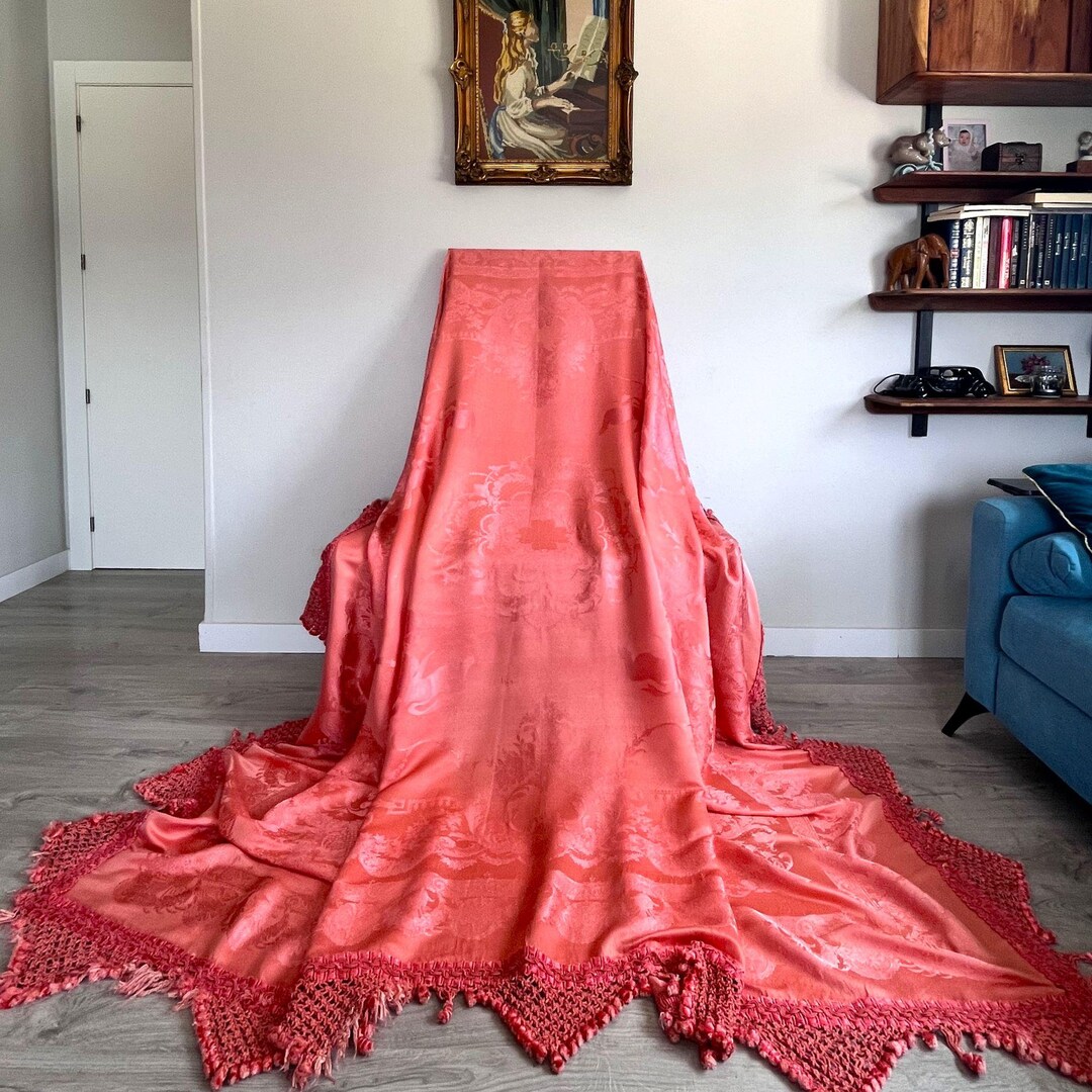 Pink Vintage Silk Twin Bedspread, Antique Brocade Fabric Large ...