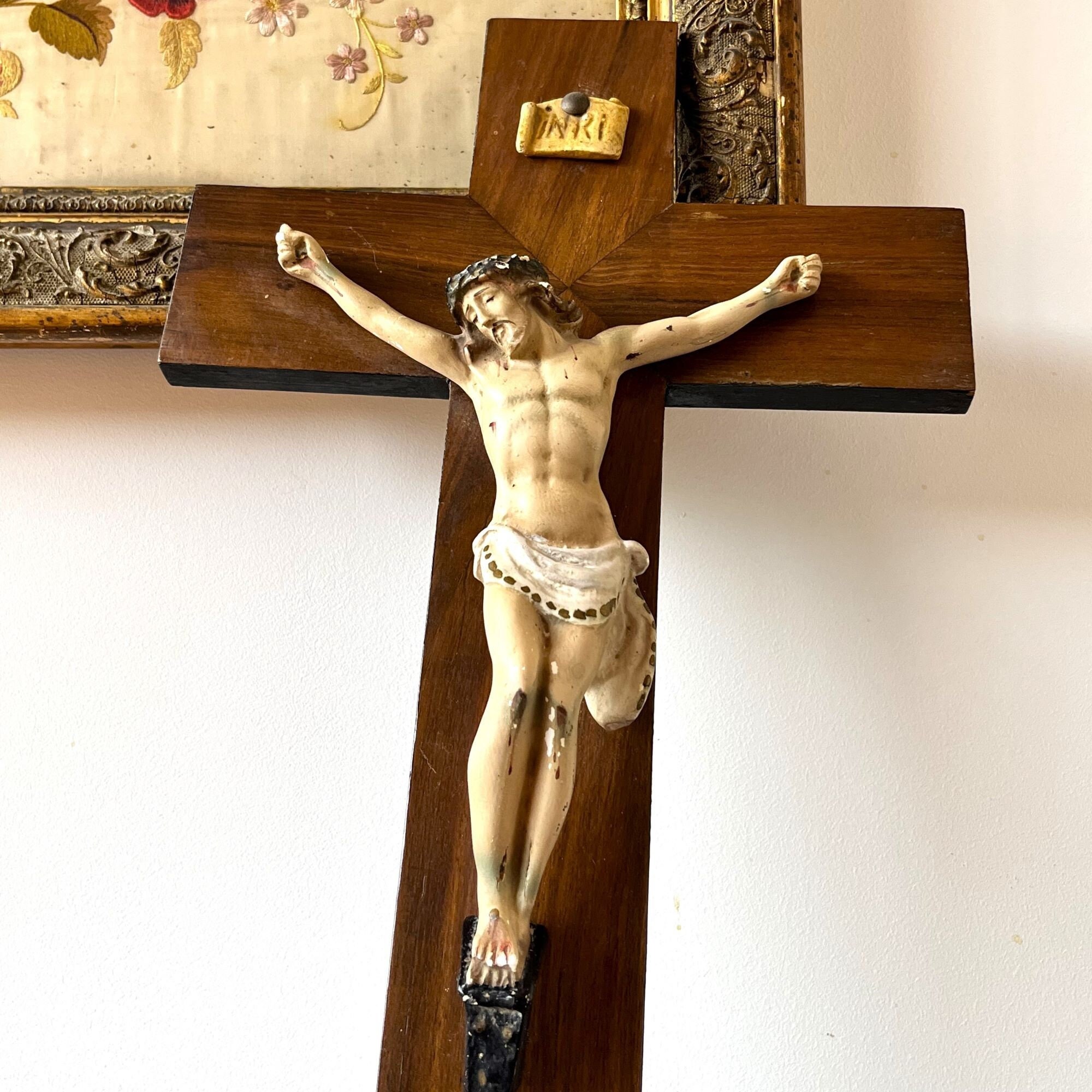 Large Wood Crucifix With Plaster Figure of Jesus Christ, Catholic Wall ...