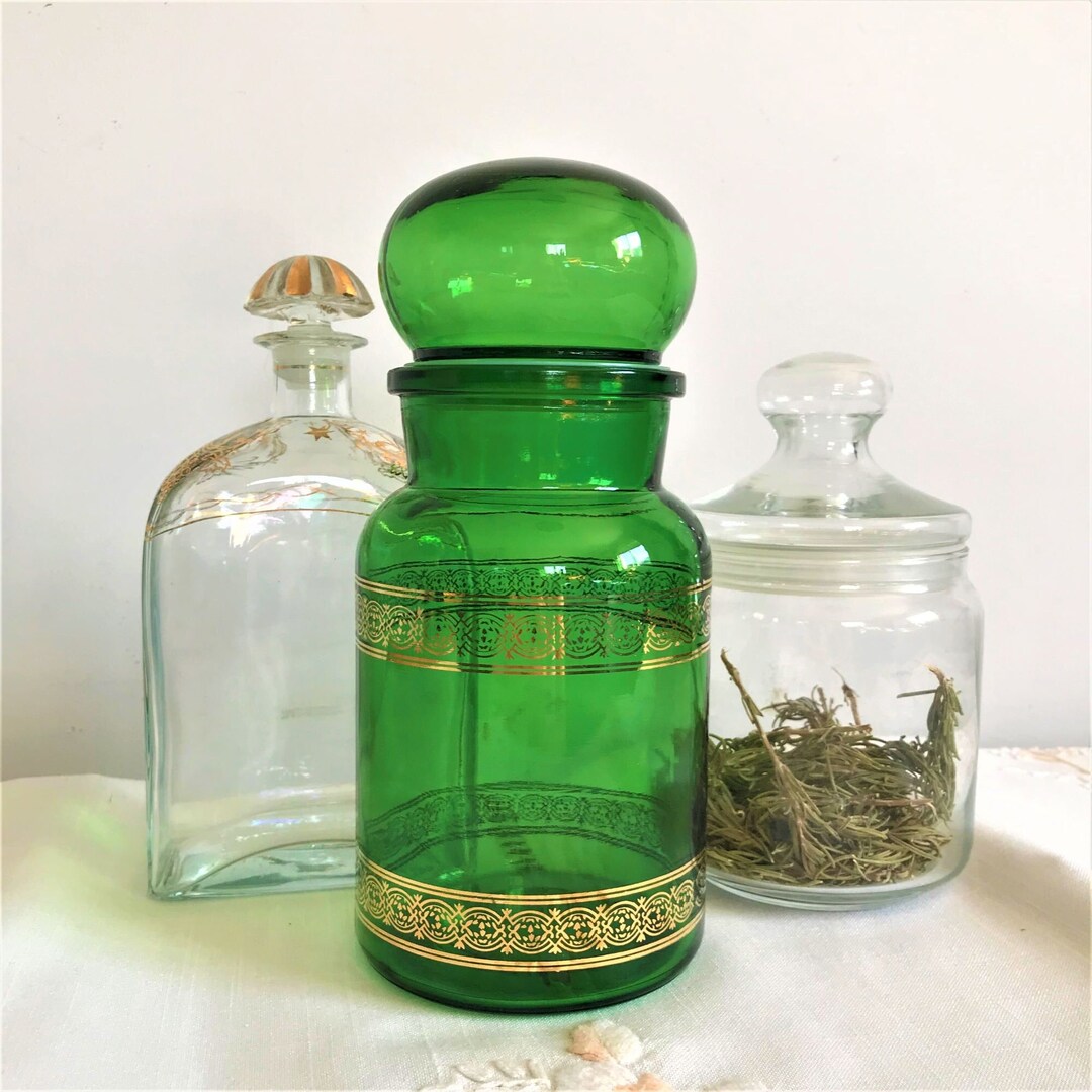 Vintage Emerald Green Glass Jar With Lid, Apothecary Bottle, Antique ...