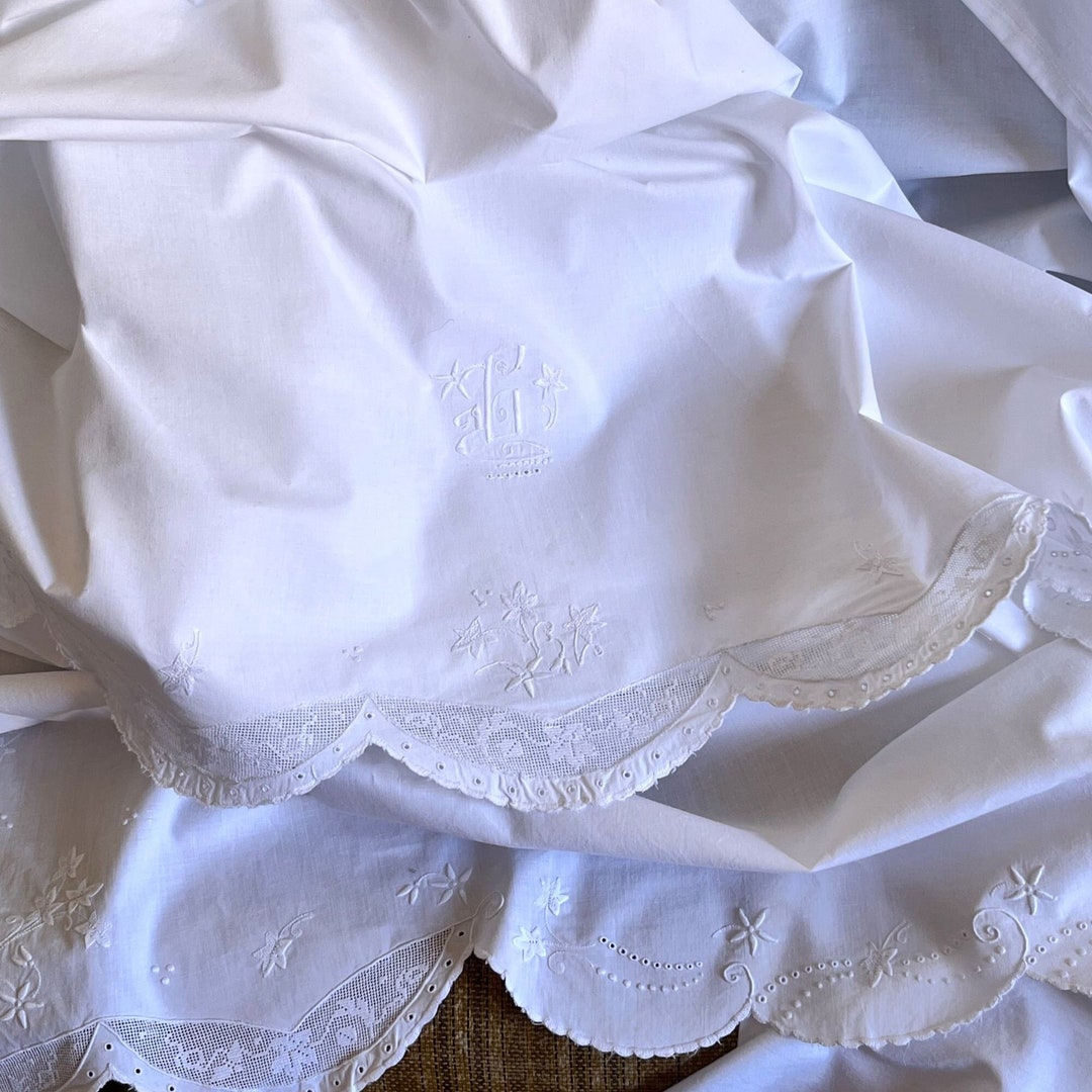 Antique White Cotton Twin Sheet, Embroidered Flat Sheet, Monogrammed ...