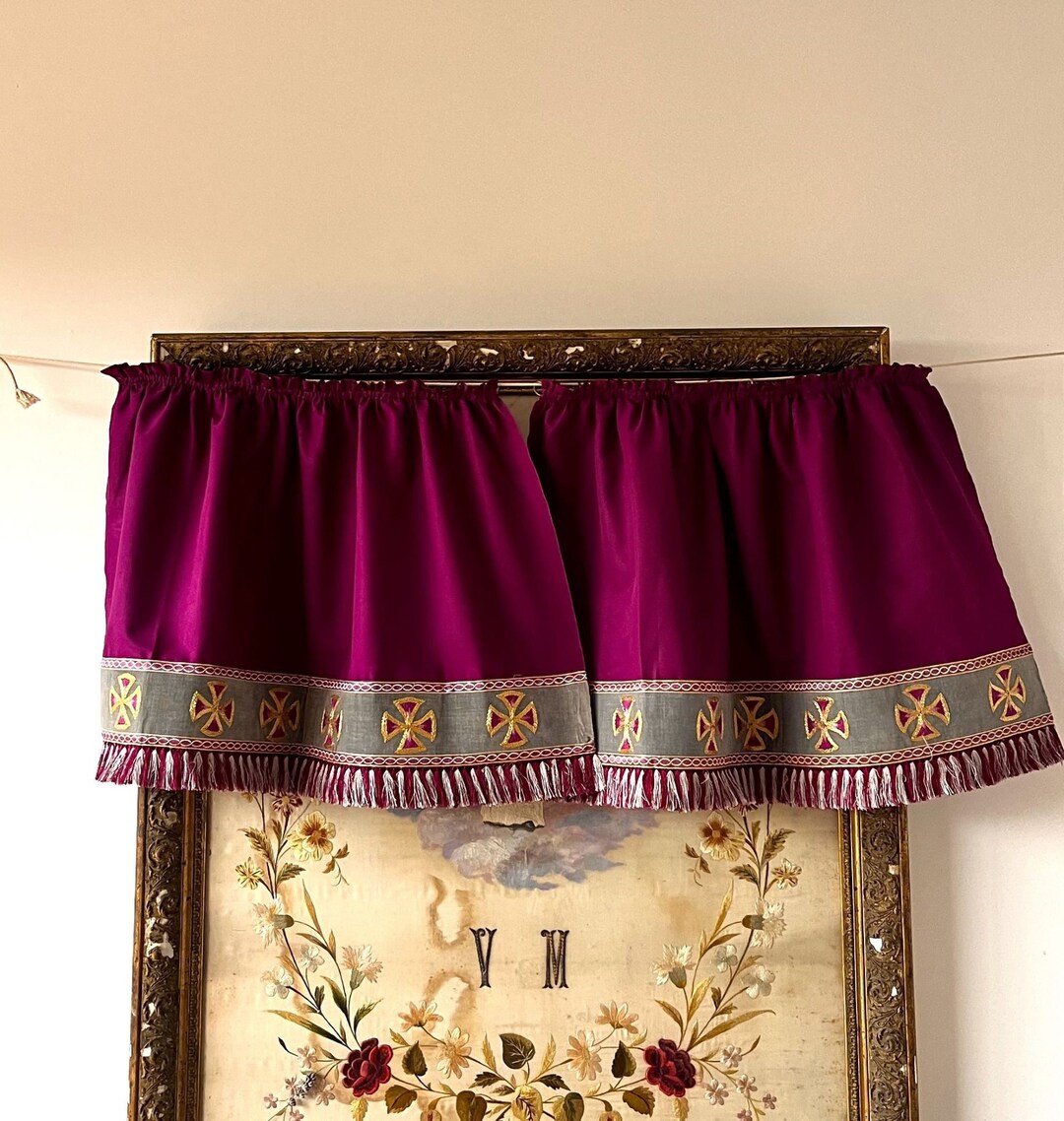 Pair of Antique Tabernacle Veils, Short Maroon Silk Curtains With Gold ...
