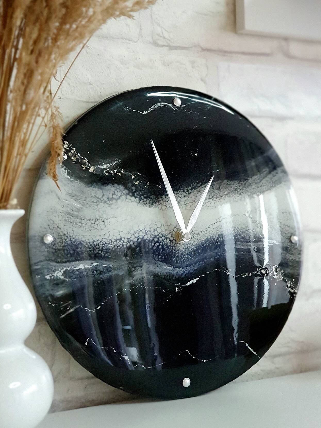 12 Round Modern Black With White Wall Clock From Epoxy - Etsy