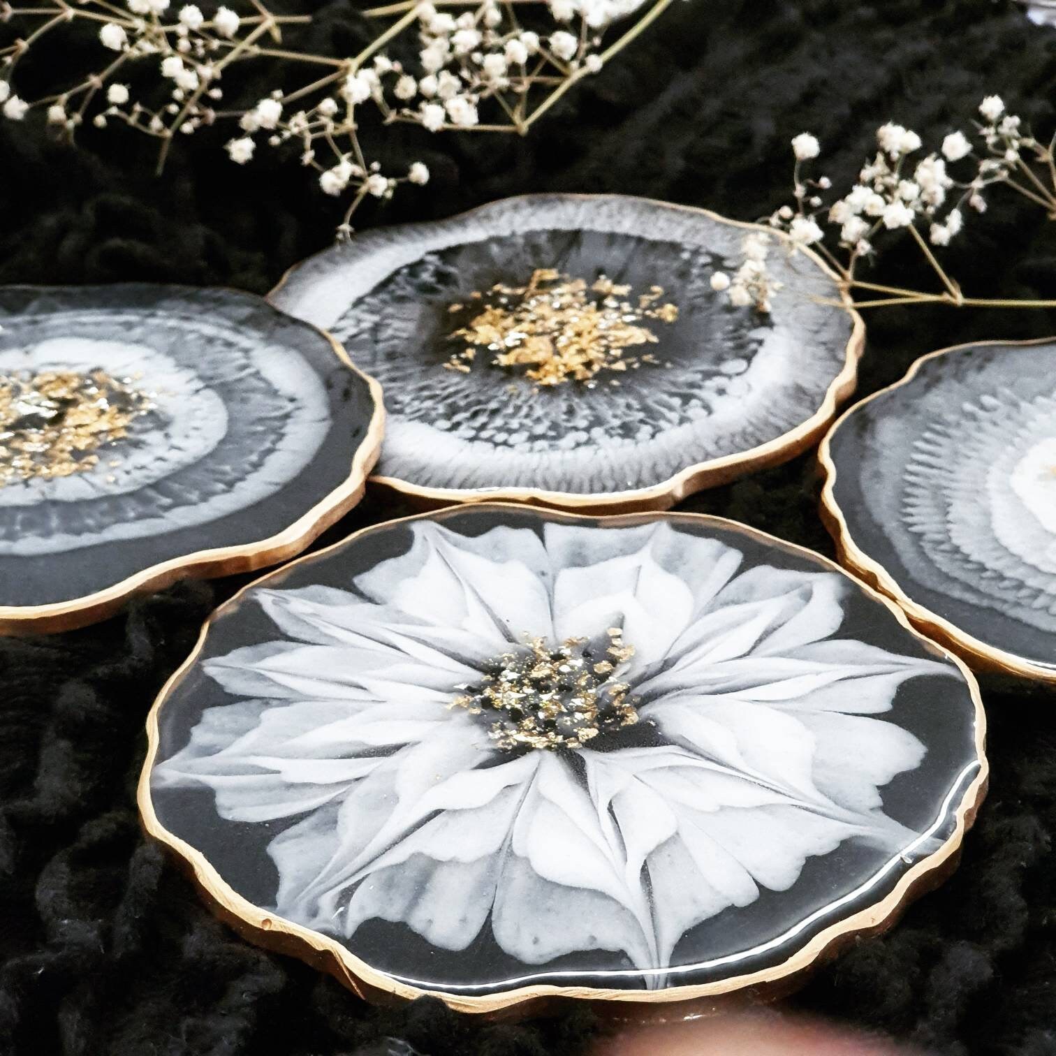 Epoxy Resin Coaster: Black & Grey Geode Decor - Etsy