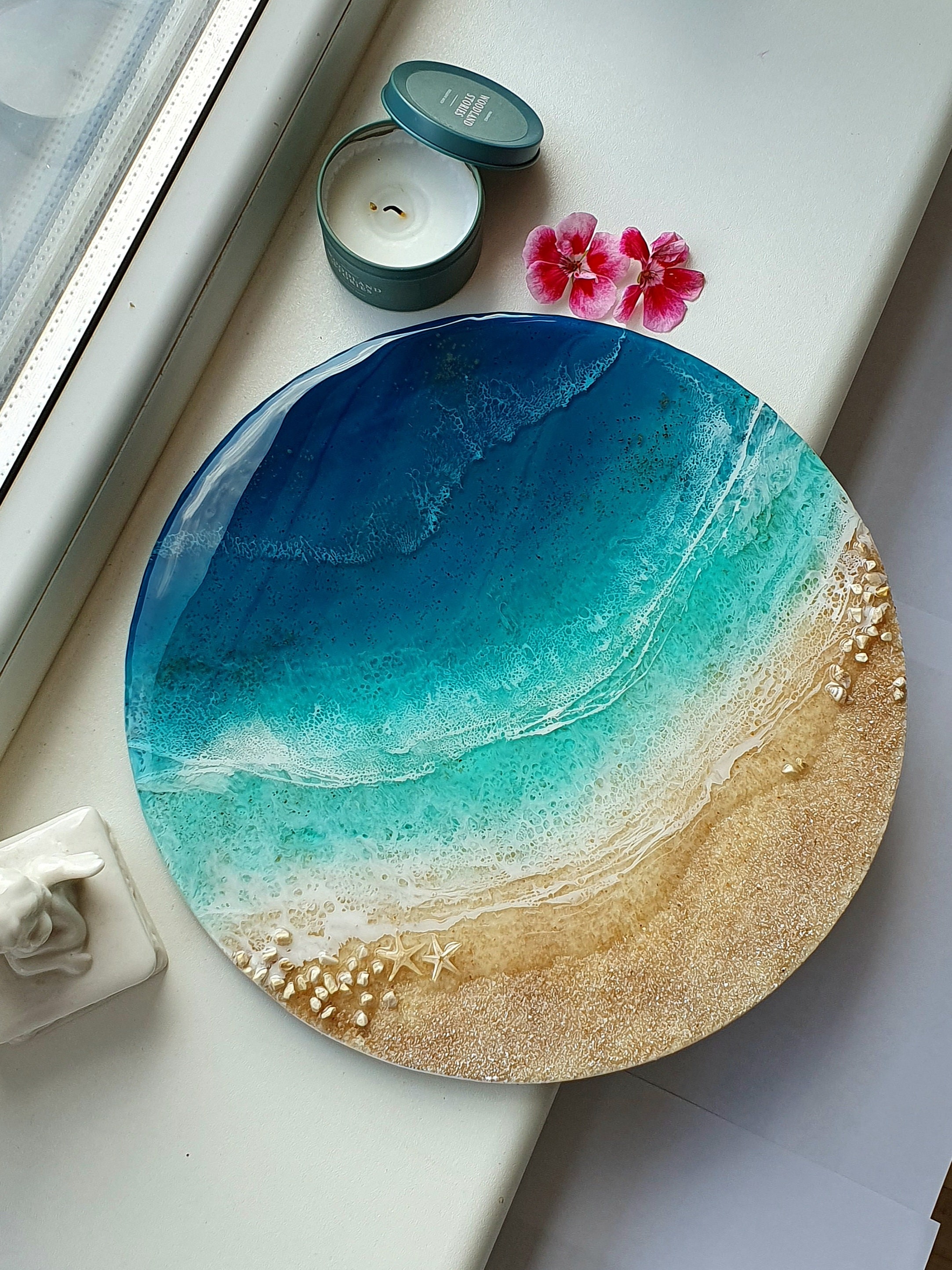 Round Coaster , Tray With Sea Waves From Epoxy Resin Ocean With Natural ...