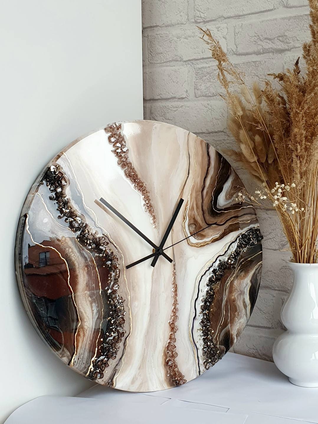Brown Large Modern Round Geode Wall Clock From Epoxy Resin With Quiet ...