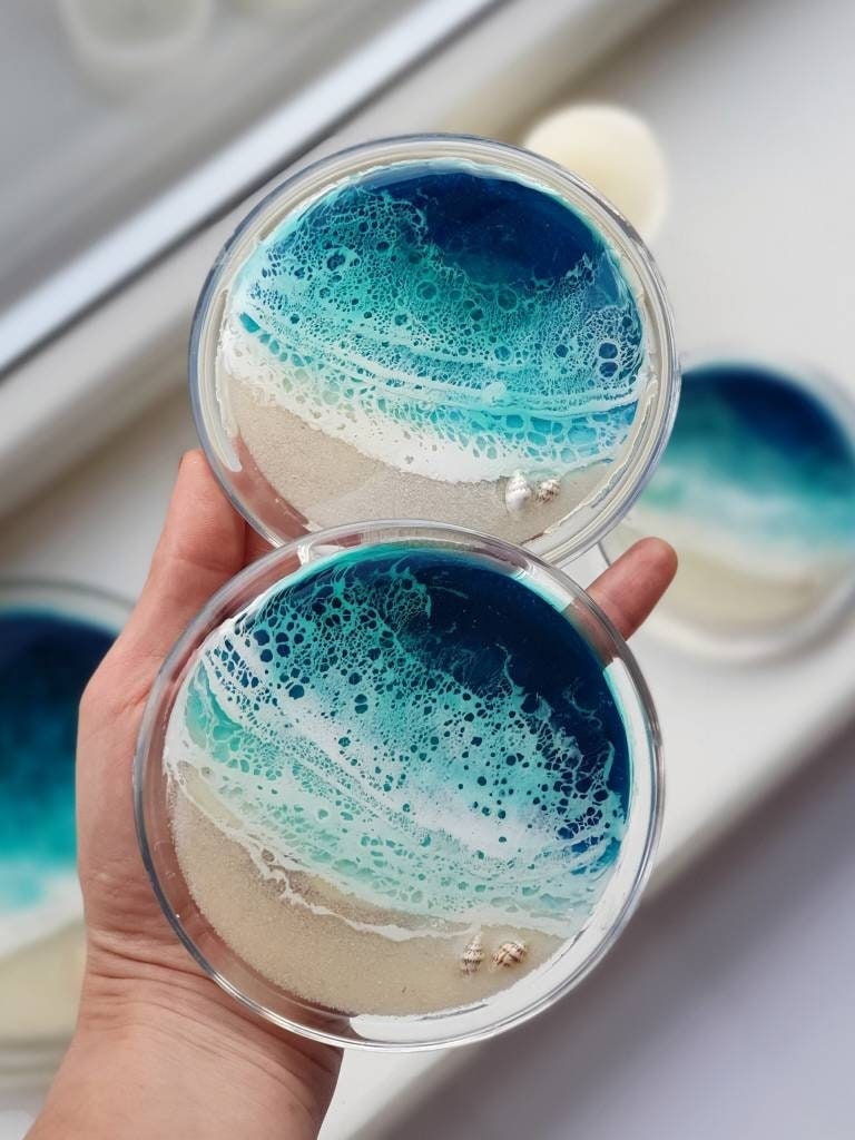 Original Handmade Round Glass Coaster Tray Decorated Sea Waves From ...