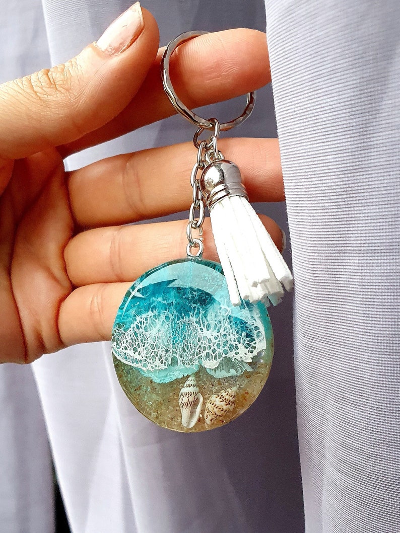 Round Key Chain With Natural Shells From Epoxy Resin , With Tassel ...