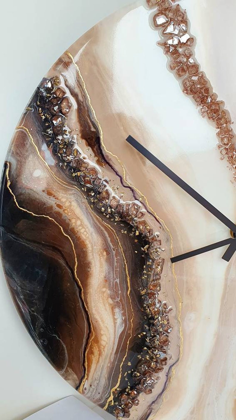Brown Large Modern Round Geode Wall Clock From Epoxy Resin With Quiet ...