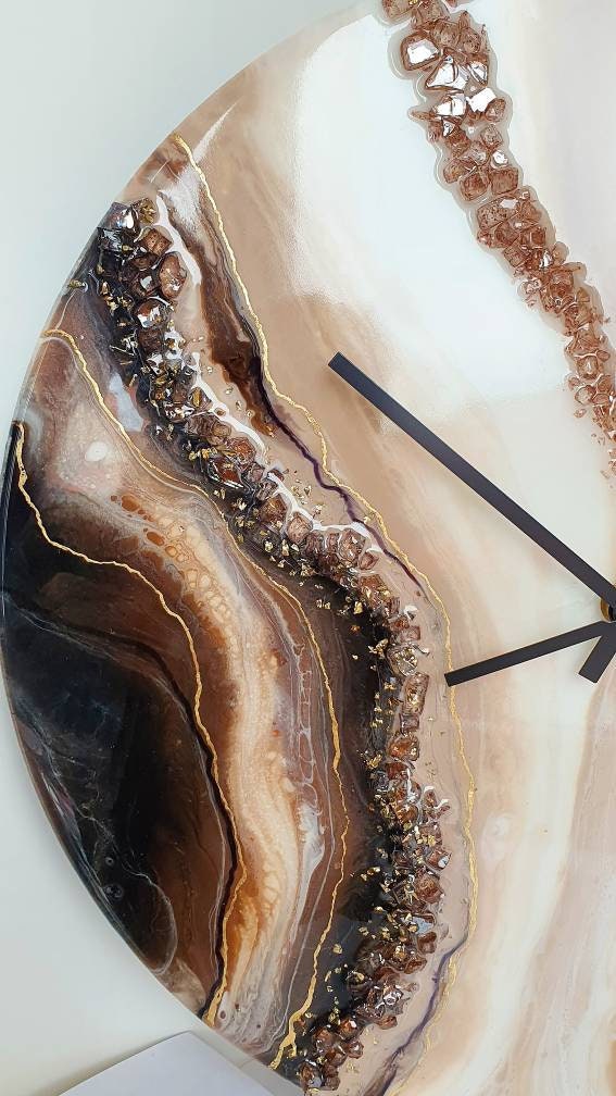 Brown Large Modern Round Geode Wall Clock From Epoxy Resin With Quiet ...