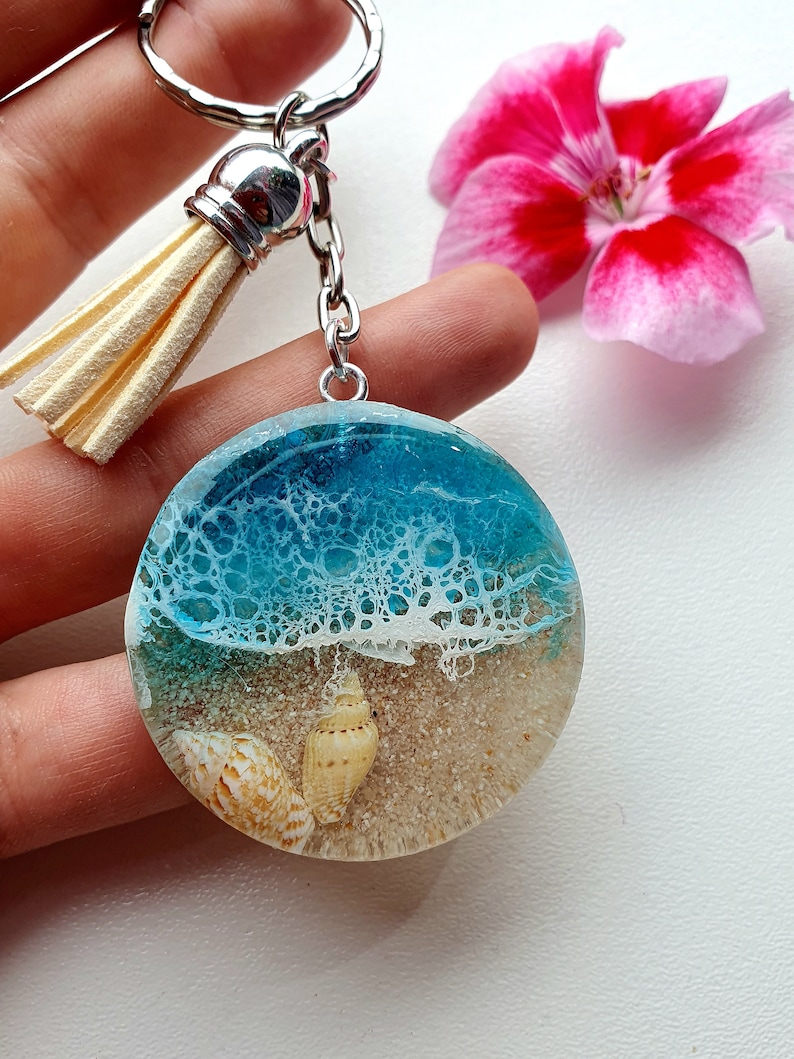 Round Key Chain With Natural Shells From Epoxy Resin , With Tassel ...