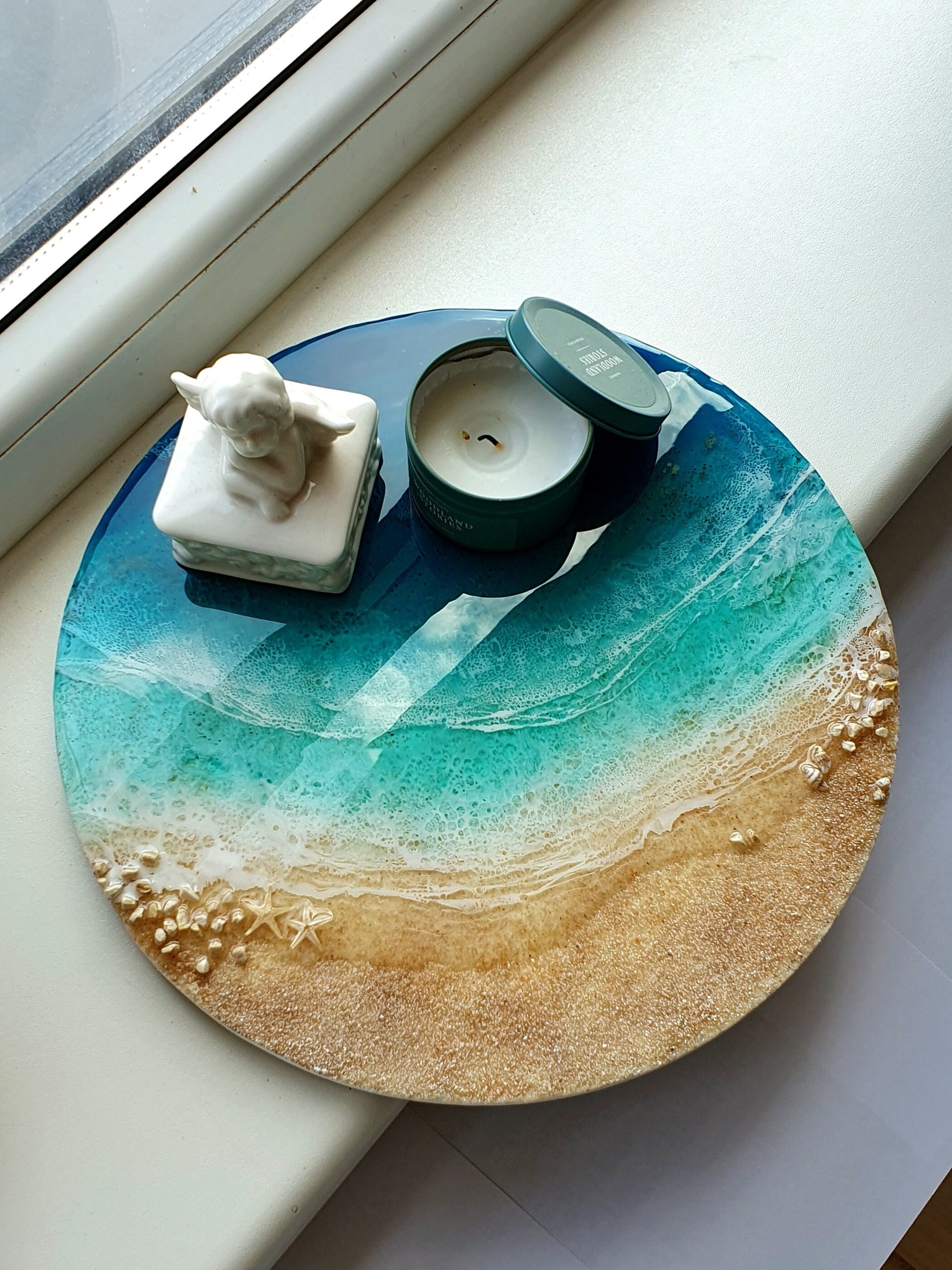 Round Coaster , Tray With Sea Waves From Epoxy Resin Ocean With Natural ...