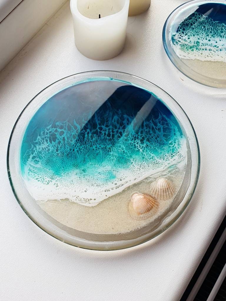 Original Handmade Round Glass Coaster Tray Decorated Sea Waves From ...