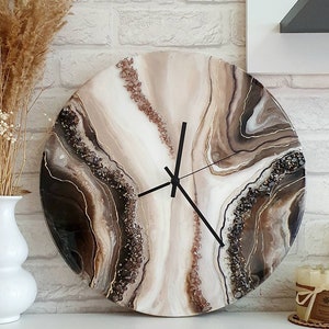 Brown Large Modern Round Geode Wall Clock From Epoxy Resin With Quiet ...