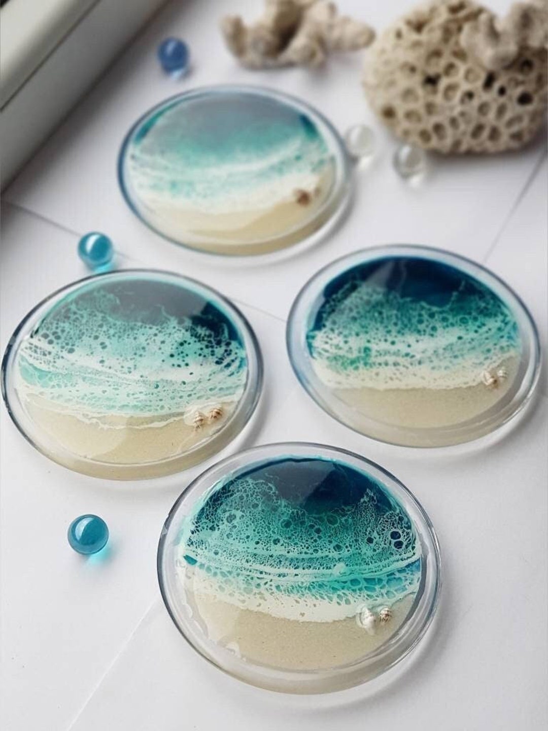 Original Handmade Round Glass Coaster Tray Decorated Sea Waves From ...