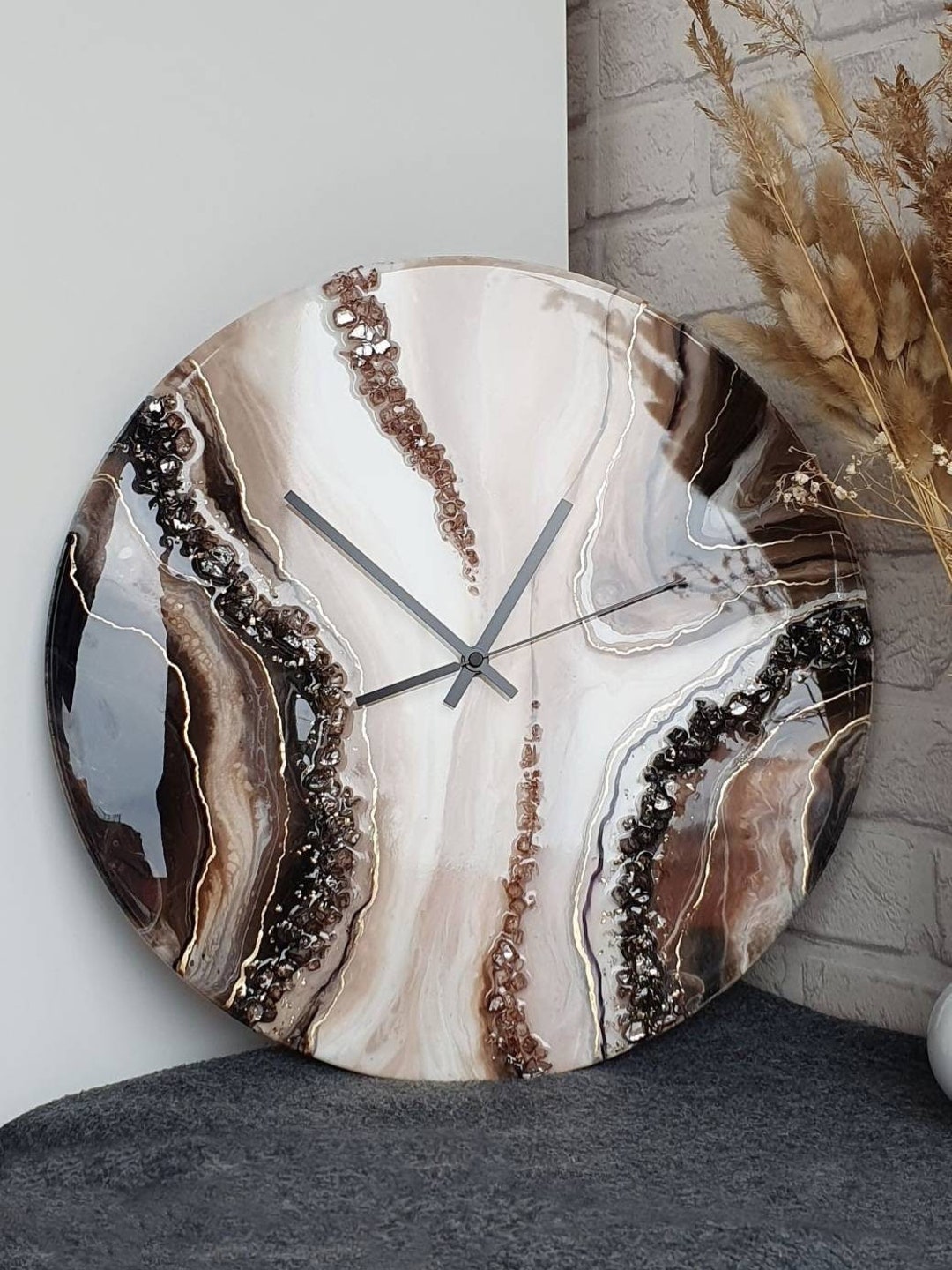 Brown Large Modern Round Geode Wall Clock From Epoxy Resin With Quiet ...