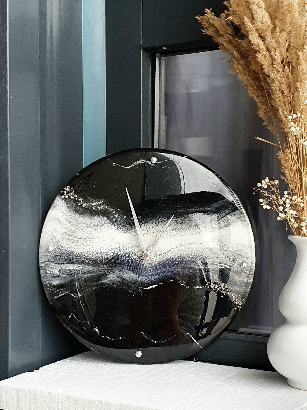 12 Round Modern Black With White Wall Clock From Epoxy - Etsy