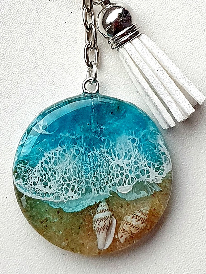 Round Key Chain With Natural Shells From Epoxy Resin , With Tassel ...