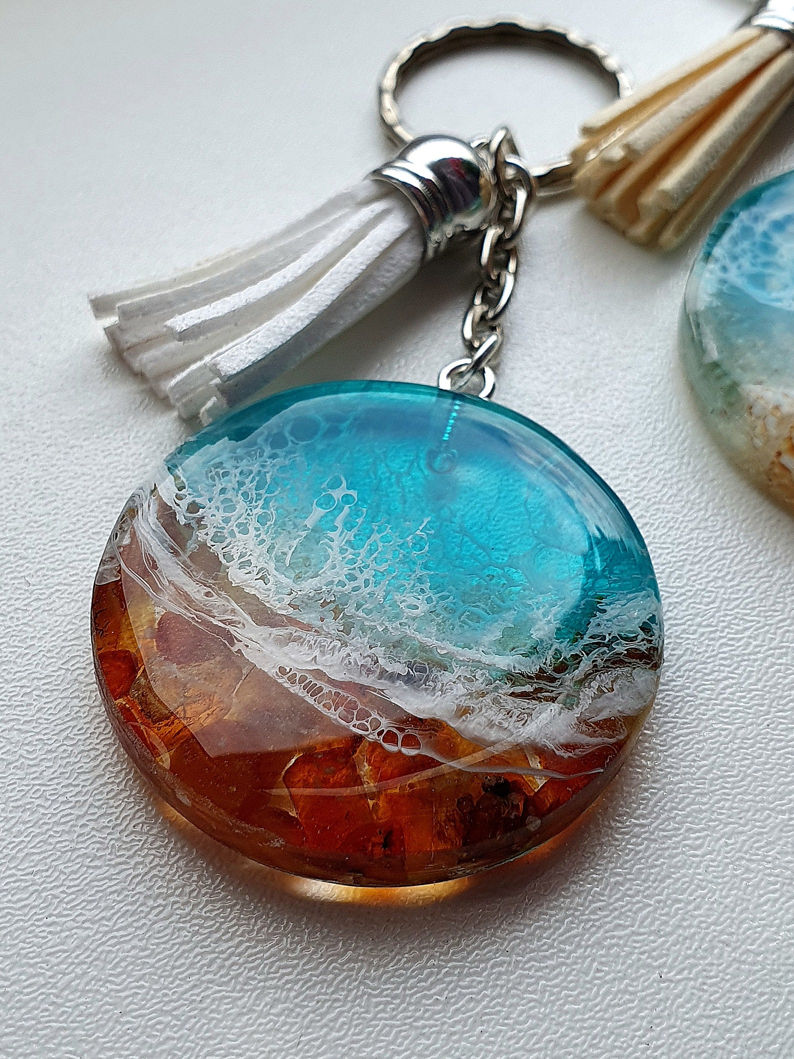 Round Key Chain With Natural Shells From Epoxy Resin , With Tassel ...