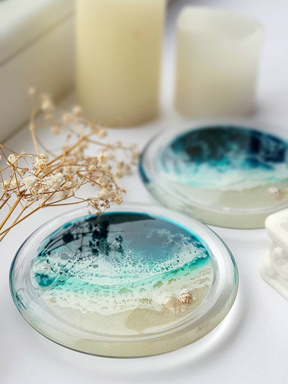 Original Handmade Round Glass Coaster Tray Decorated Sea Waves From ...