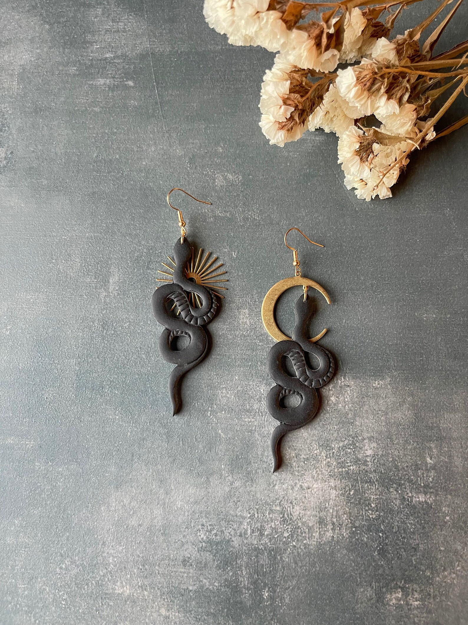 Sun Serpent Earrings Snake Jewelry Black and Gold Witchy - Etsy