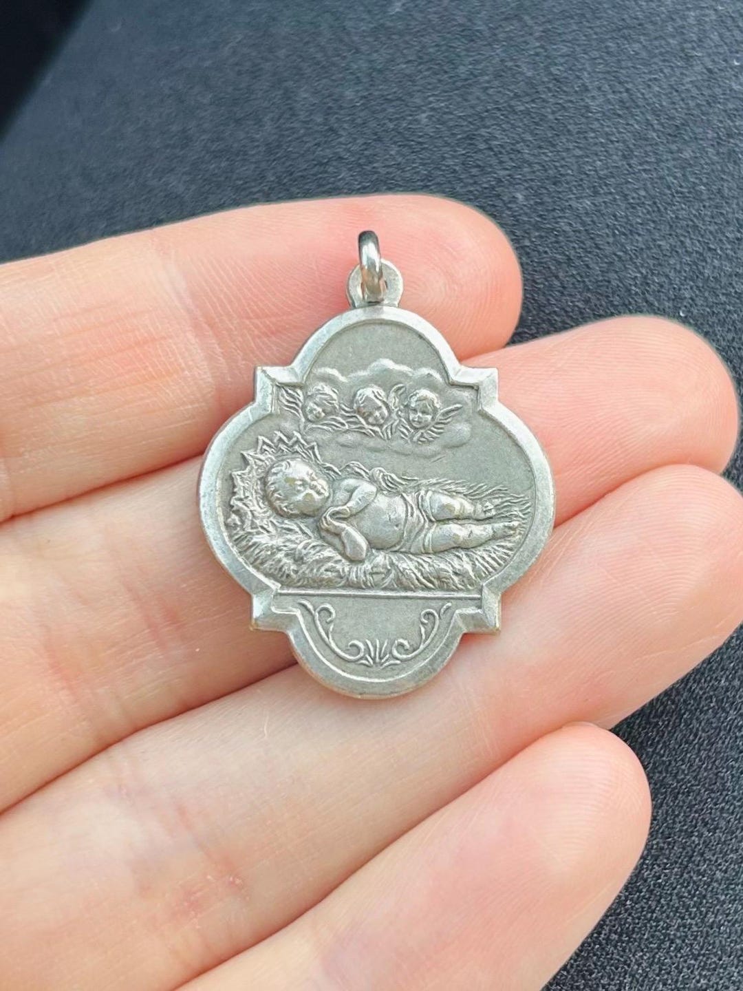 Vintage Baby Jesus and Angels Silver Tone Pendant Medallian, Italian ...
