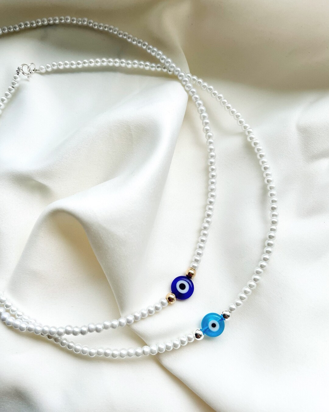 Evil Eye Necklace, Evil Eye Pearl Choker, Pearl Beaded Necklace, Gold ...