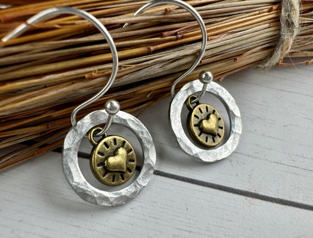 Heart Hammered Mixed Metal Earrings Silver Aluminum Hoop With Brass ...