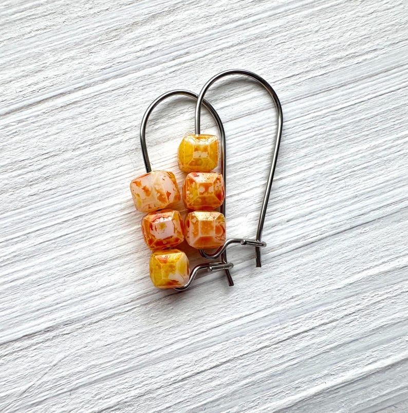 Boho Picasso Glass Bead Dangle Earrings - Orange Yellow Blue Minimalist ...