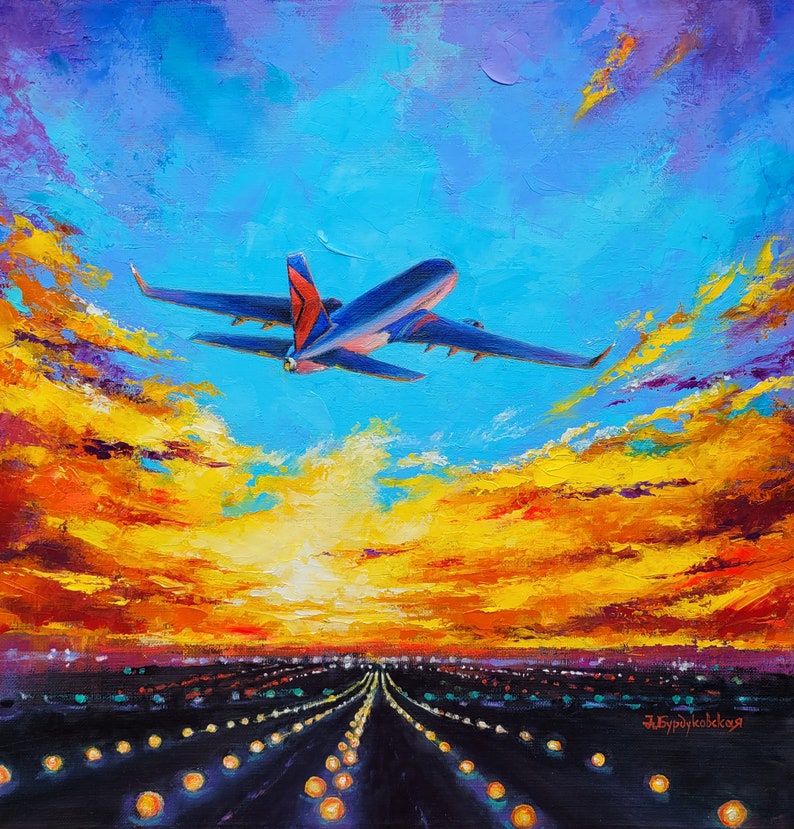 Airplane Original Art Airport Painting Sunset Wall Art - Etsy