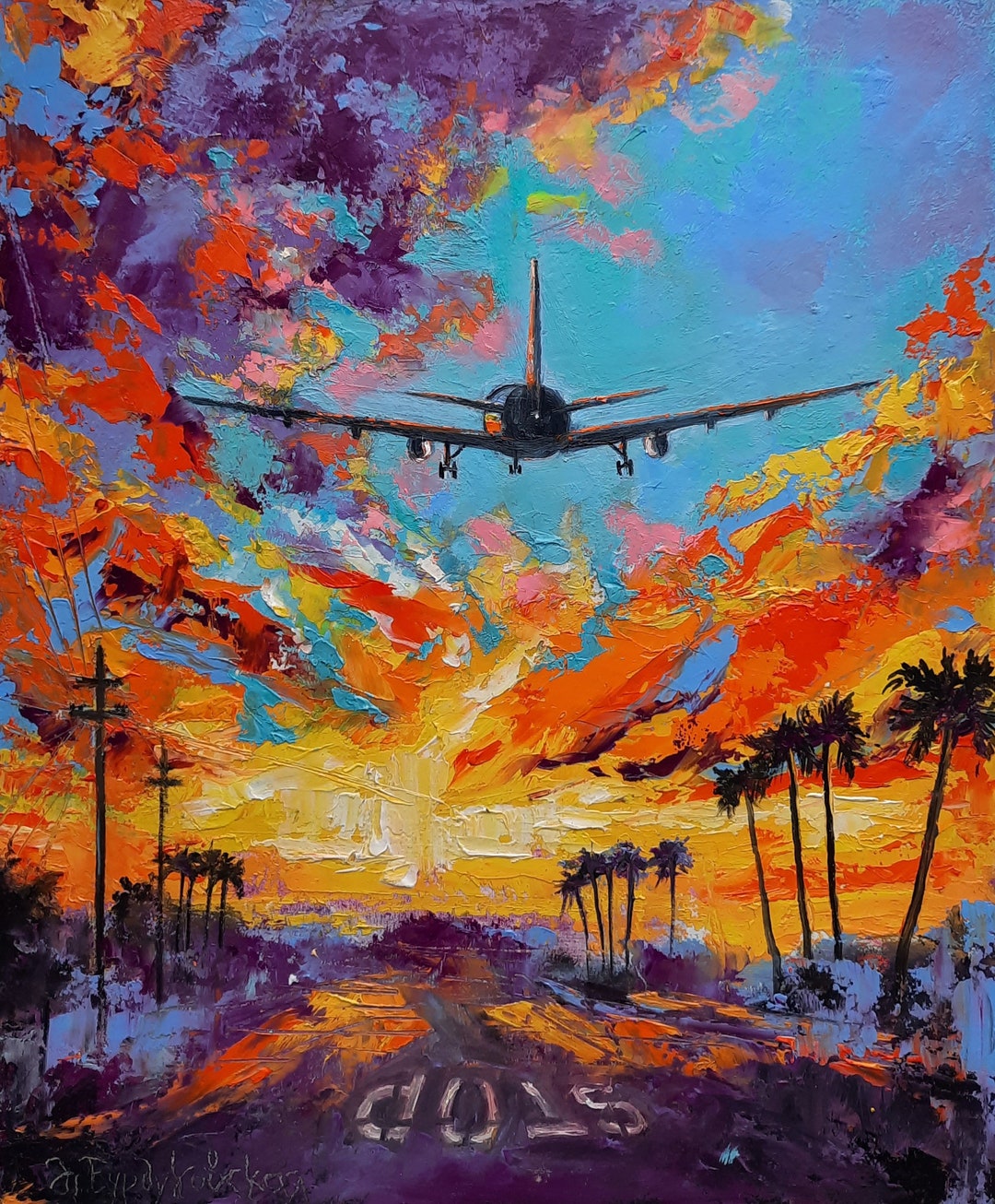 Airplane Original Art Airport Painting Sunset Wall Art Aviation Artwork ...