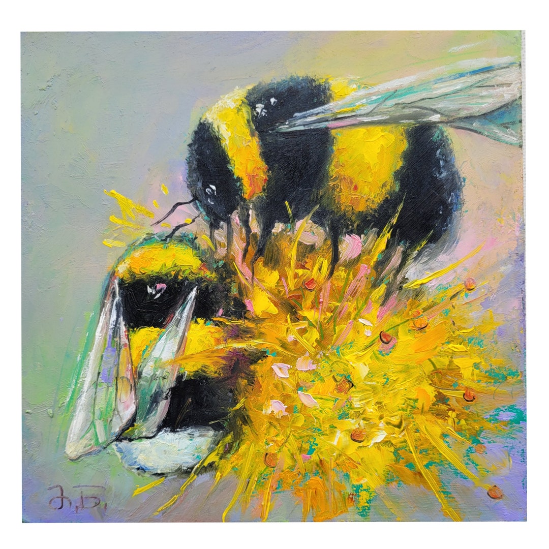 Bumblebee Painting Honey Bee Original Art Yellow Flower Wall Art Mini ...