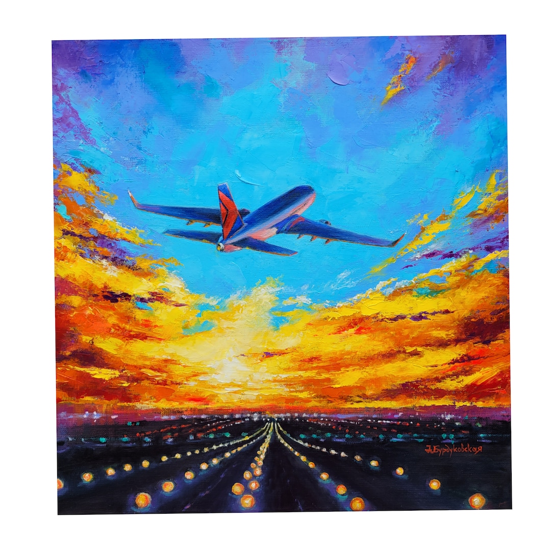 Airplane Original Art Airport Painting Sunset Wall Art Aviation Artwork ...