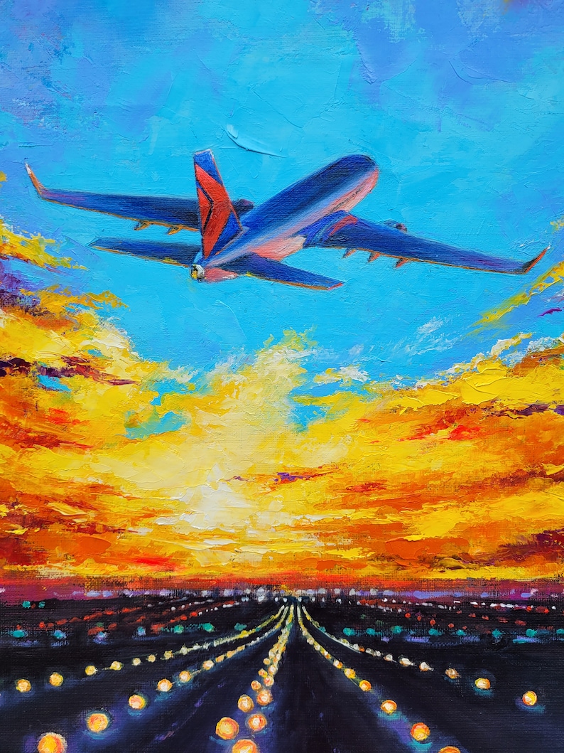 Airplane Original Art Airport Painting Sunset Wall Art - Etsy