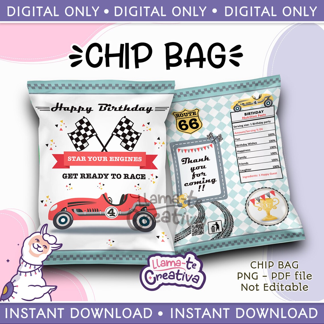 Racing Car Chip Bag Printable Birthday Party Racing Car Chip - Etsy