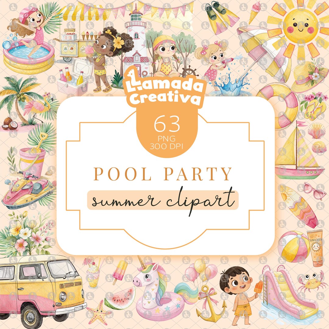 Pool Party Clipart Bundle, Transparent PNG for Printables, Cute Summer ...