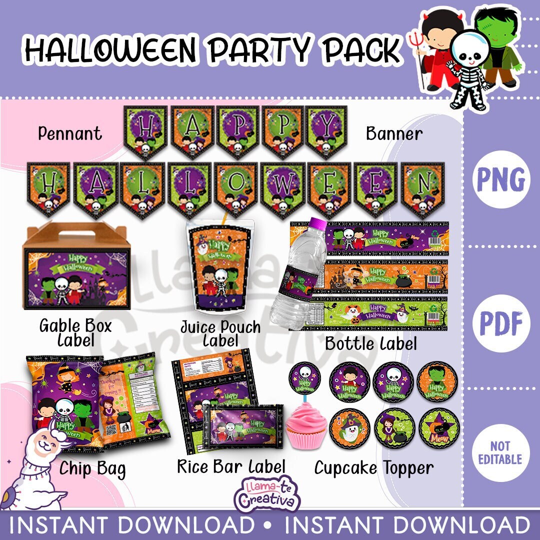 Halloween Party Pack, Chip Bag, Bottle Label, Juice Pouch Bag Label ...