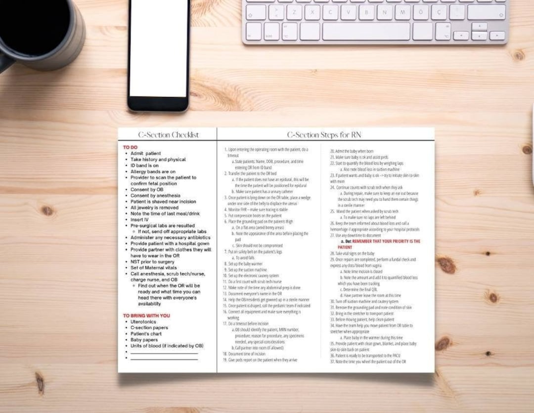 Labor and Delivery Nurse C-section Cheat Sheet , Checklist/procedure ...
