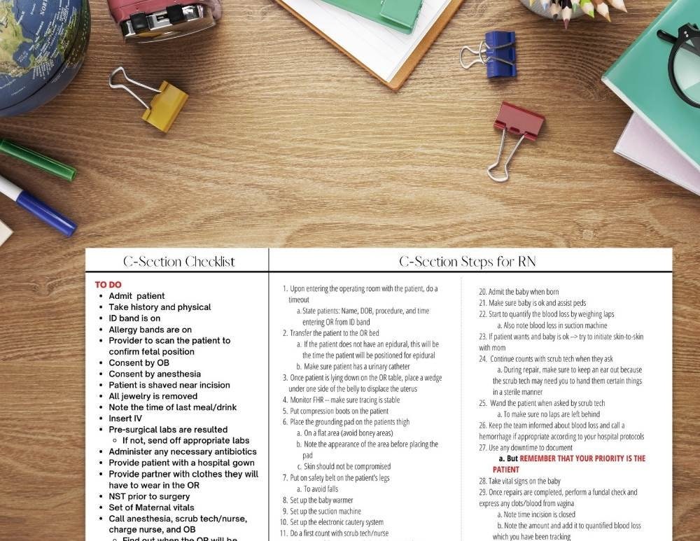 Labor and Delivery Nurse C-section Cheat Sheet , Checklist/procedure ...