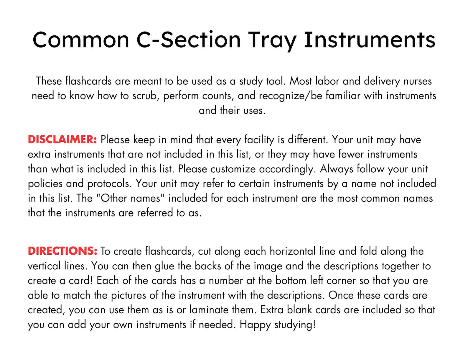 27 Labor and Delivery C-section Instruments Printable Flashcards PDF ...