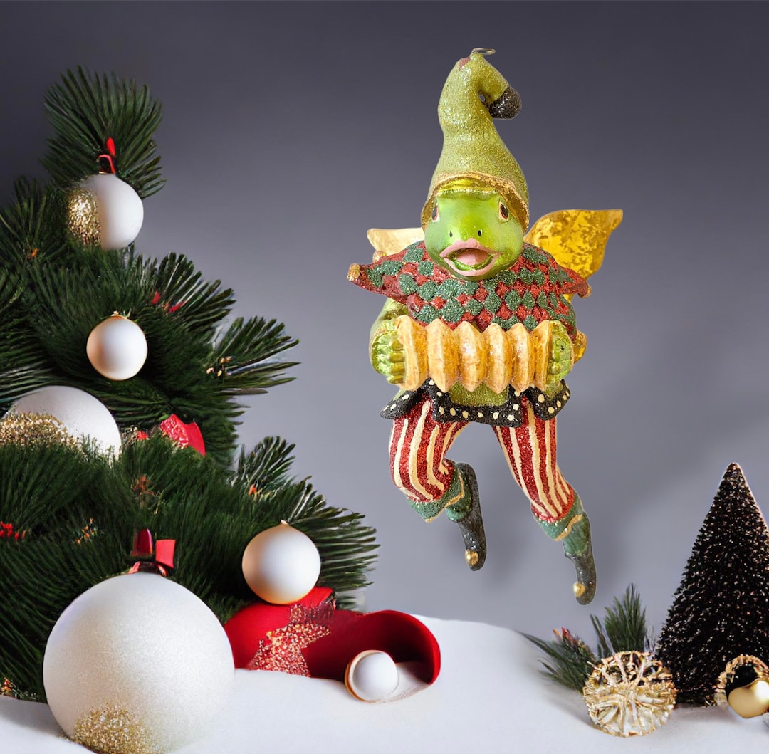 Anthropomorphic Jester Frog Playing Accordion Ornament, Old World Style ...