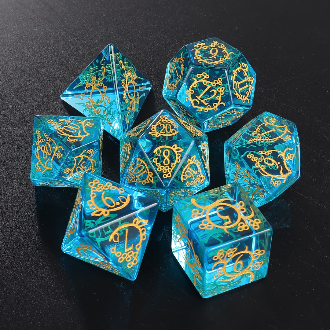 Full Set Bule Dnd Dice Set With Vine Symbol |crystal Dice Set| Dnd Gift ...