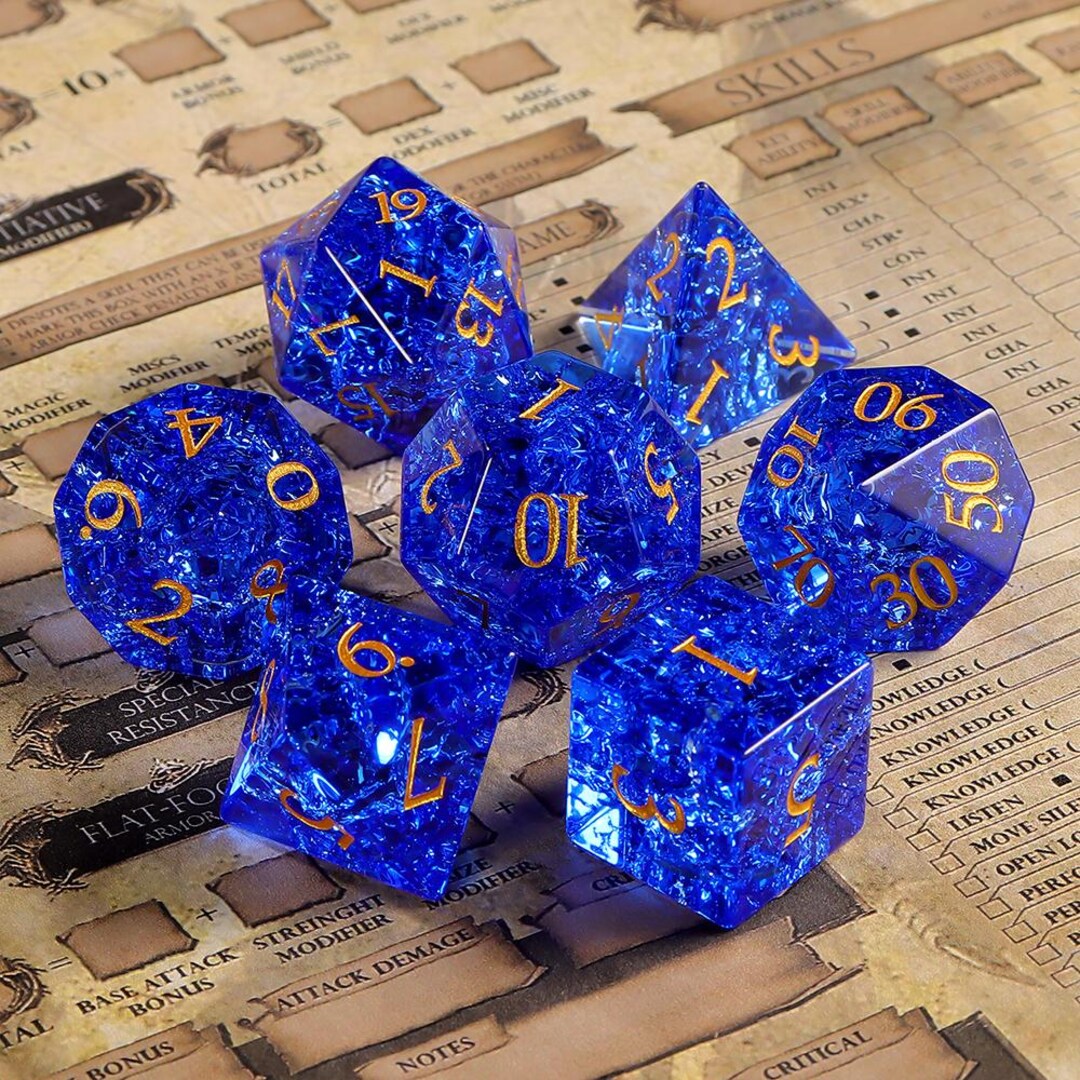 Gemstone Dnd Dice Set | Blue Burst Glass Polyhedral Dice Set - Dungeons ...