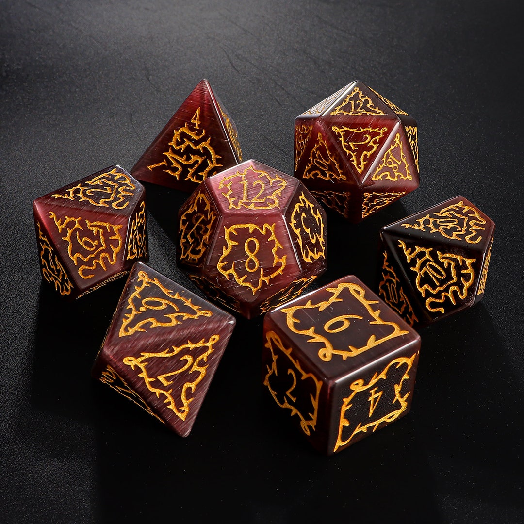 Plum Cat's Eyes Stone Dnd Dice Set With Thorn Symbol Engraved Gemstone ...