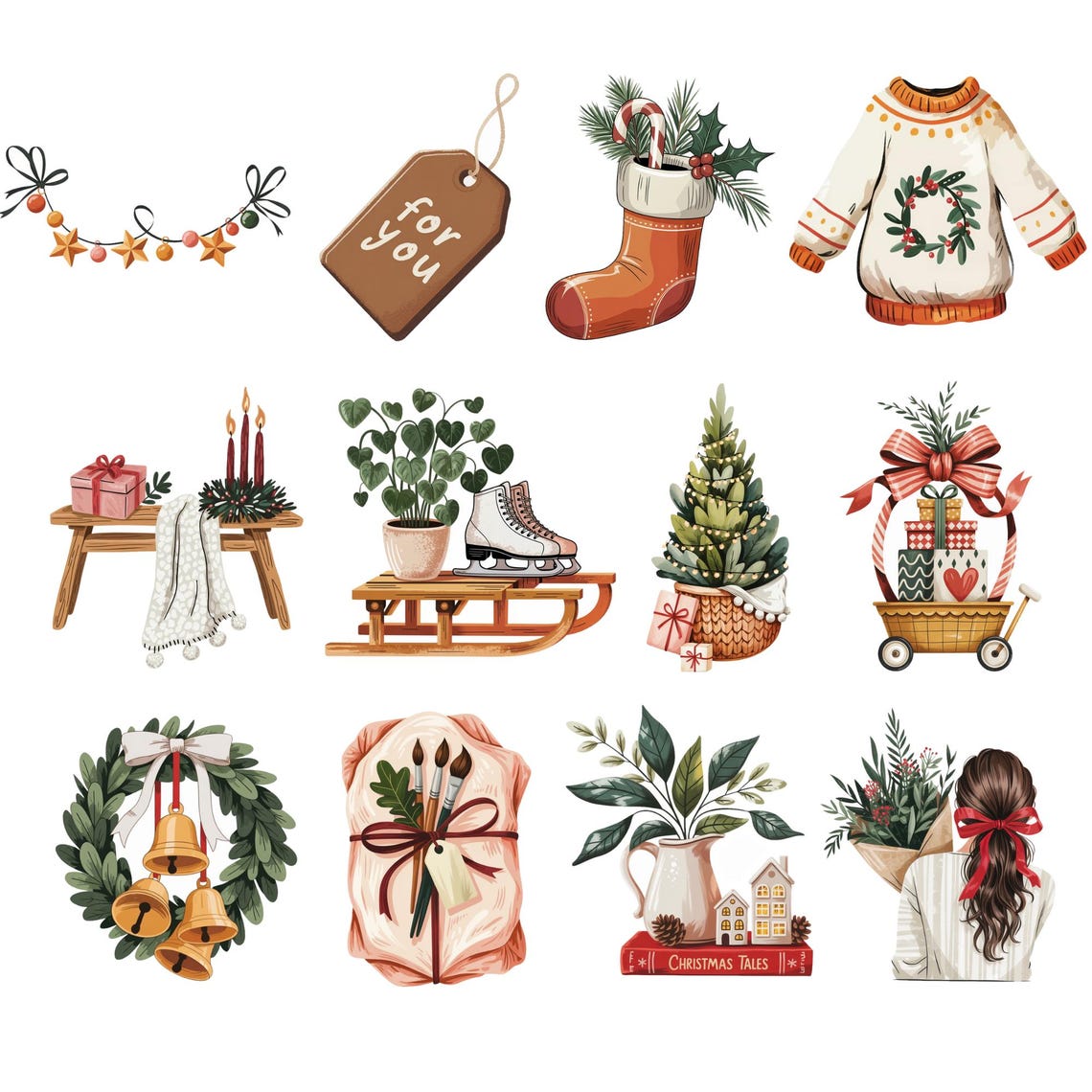 Merry Christmas Clipart Set | 36 PNG Files | Cozy Holiday Pngs, Gift ...