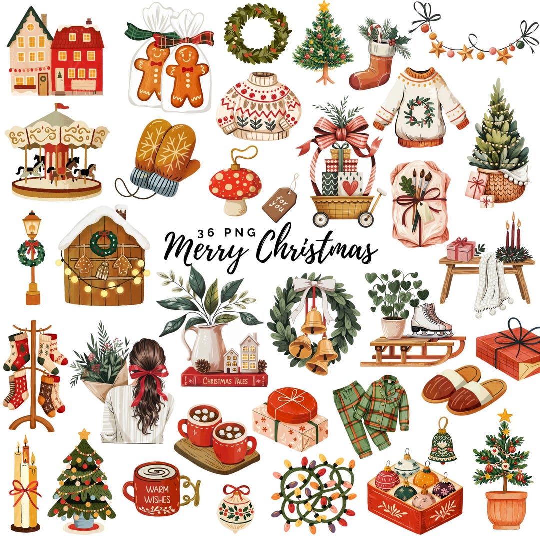 Merry Christmas Clipart Set | 36 PNG Files | Cozy Holiday Pngs, Gift ...