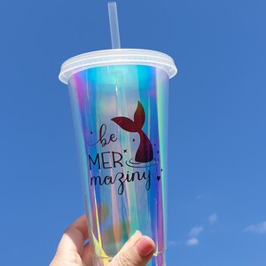 Mermaid Holographic Cold Cup With Straw, Custom Tumbler, Sea Theme ...